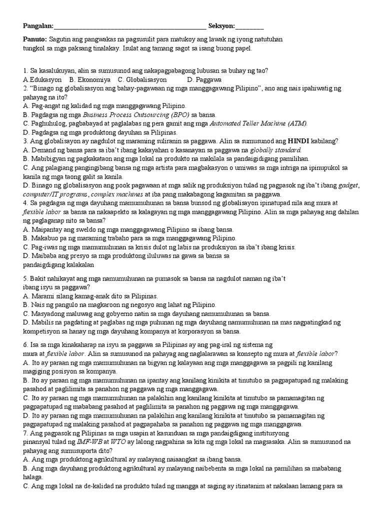 Ap q2 Quiz2 Paggawa | PDF