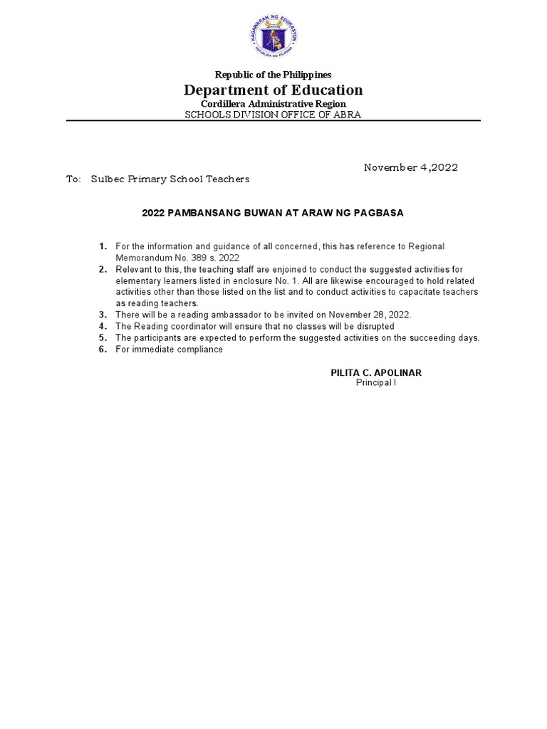 Memorandum 2022 Pambansang Buwan at Araw NG Pagbasa | PDF Memorandum 2022 Pambansang Buwan at Araw NG Pagbasa | PDF