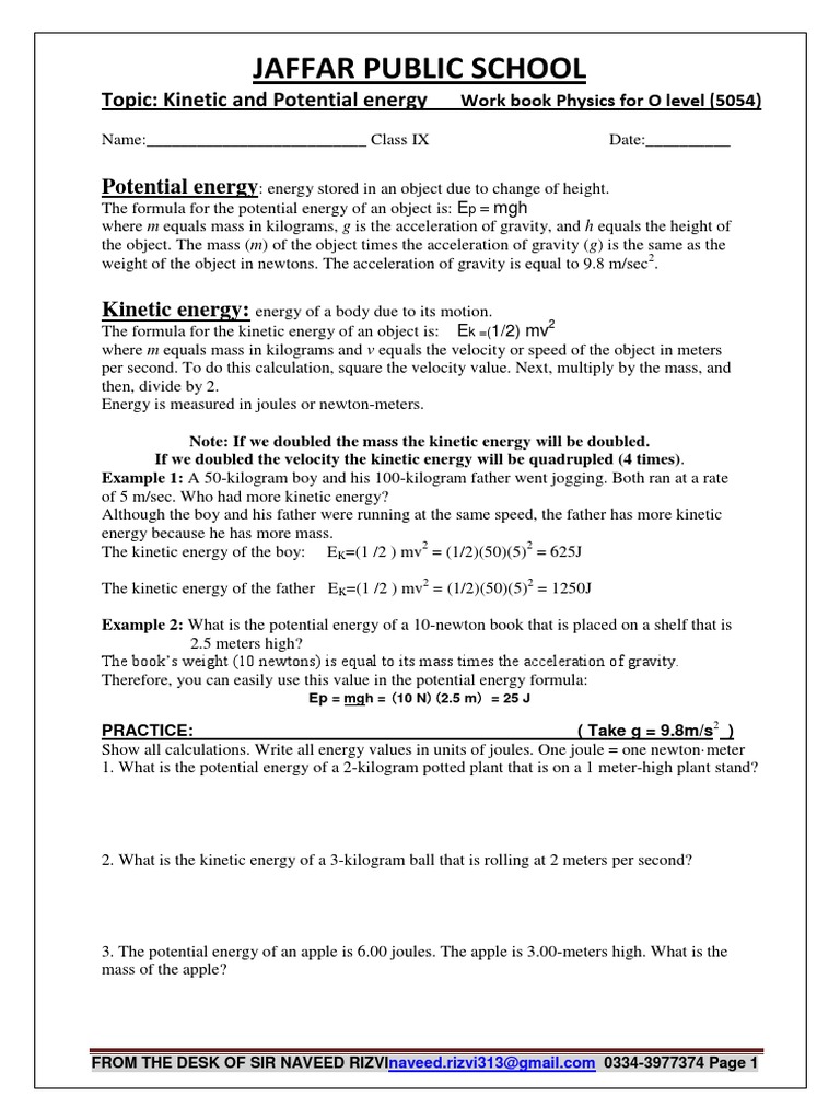 Kinetic and Potential Energy Workbook | PDF | Kinetic Energy ...
