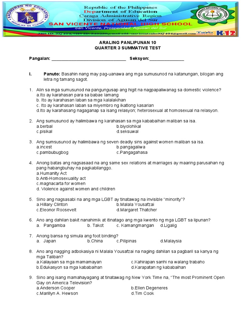 ARALING PANLIPUNAN 10 Summative 3rd Quarter | PDF