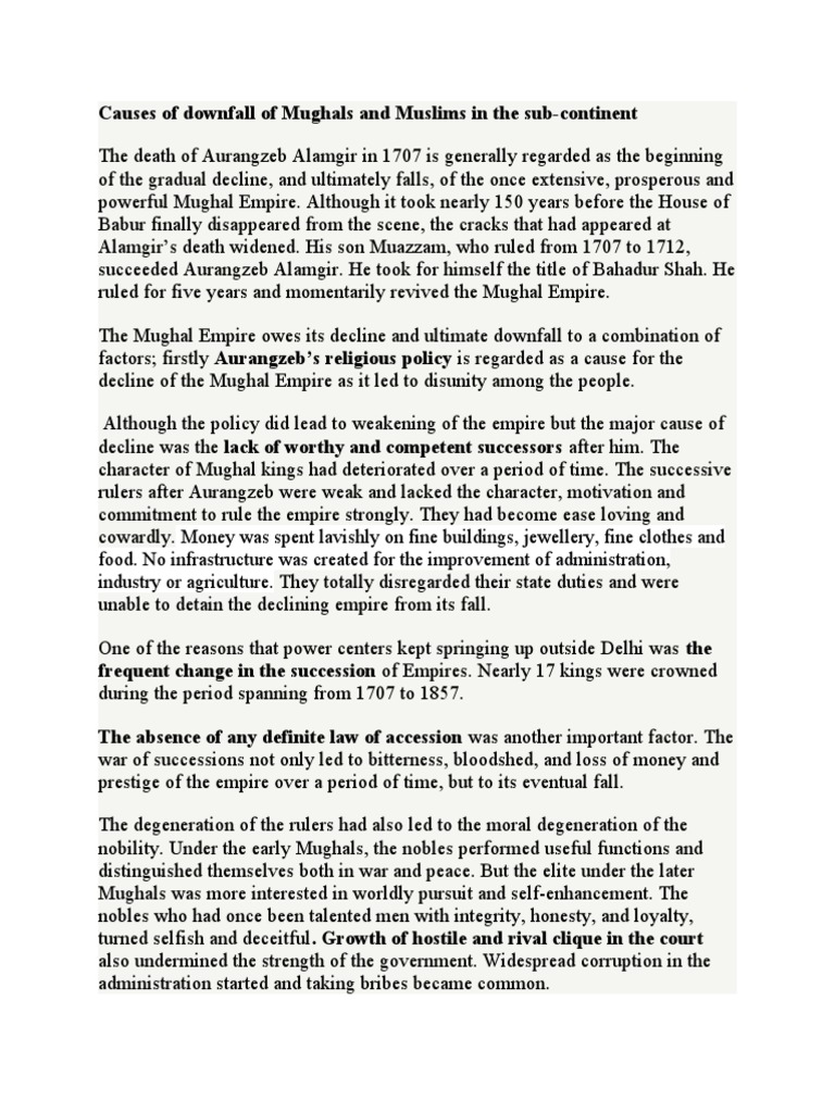 Causes of Downfall of Mughals and Muslims in The Sub | PDF | Mughal ...