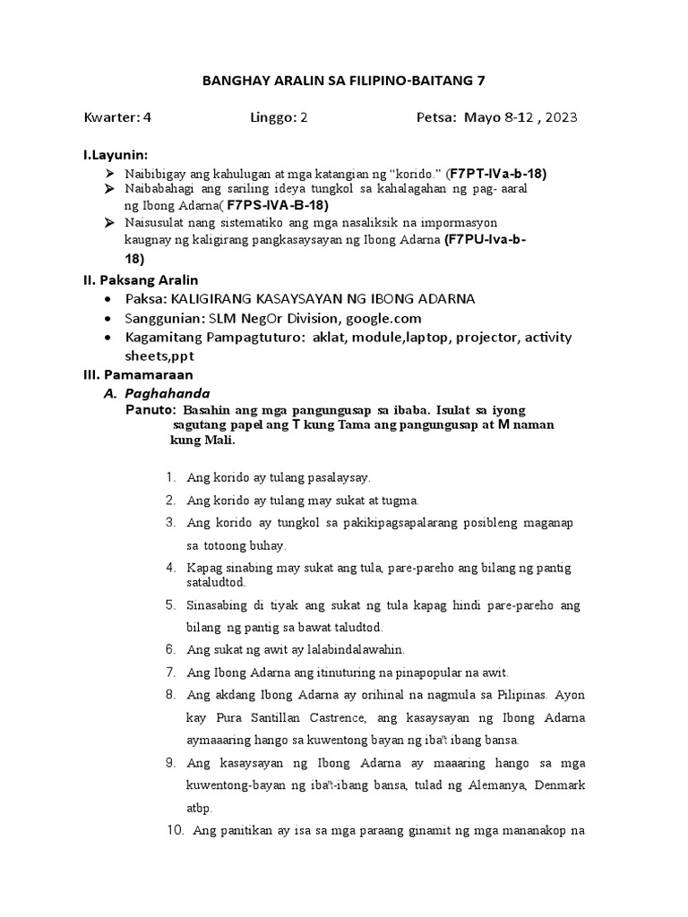BANGHAY ARALIN FILIPINO 7 q4 Week2 | PDF