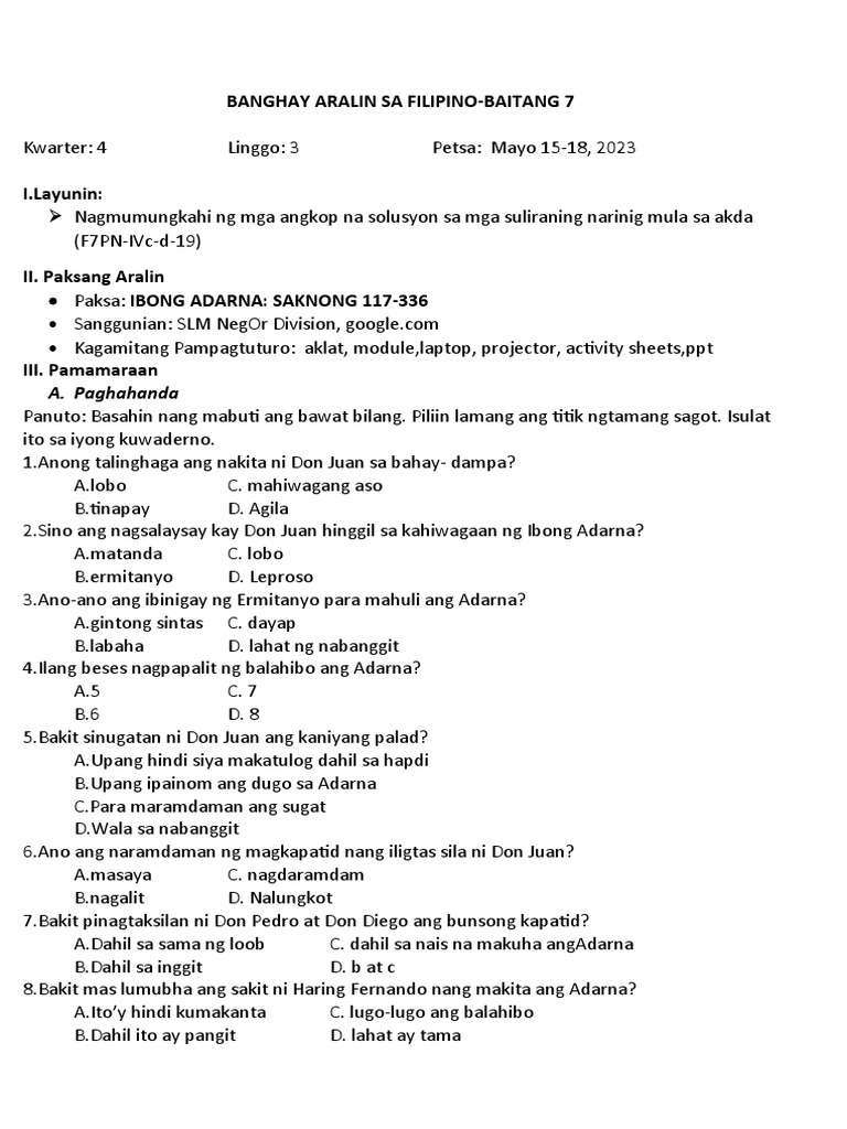 BANGHAY ARALIN FILIPINO 7 q4 Week3 Mayo 8 10 | PDF