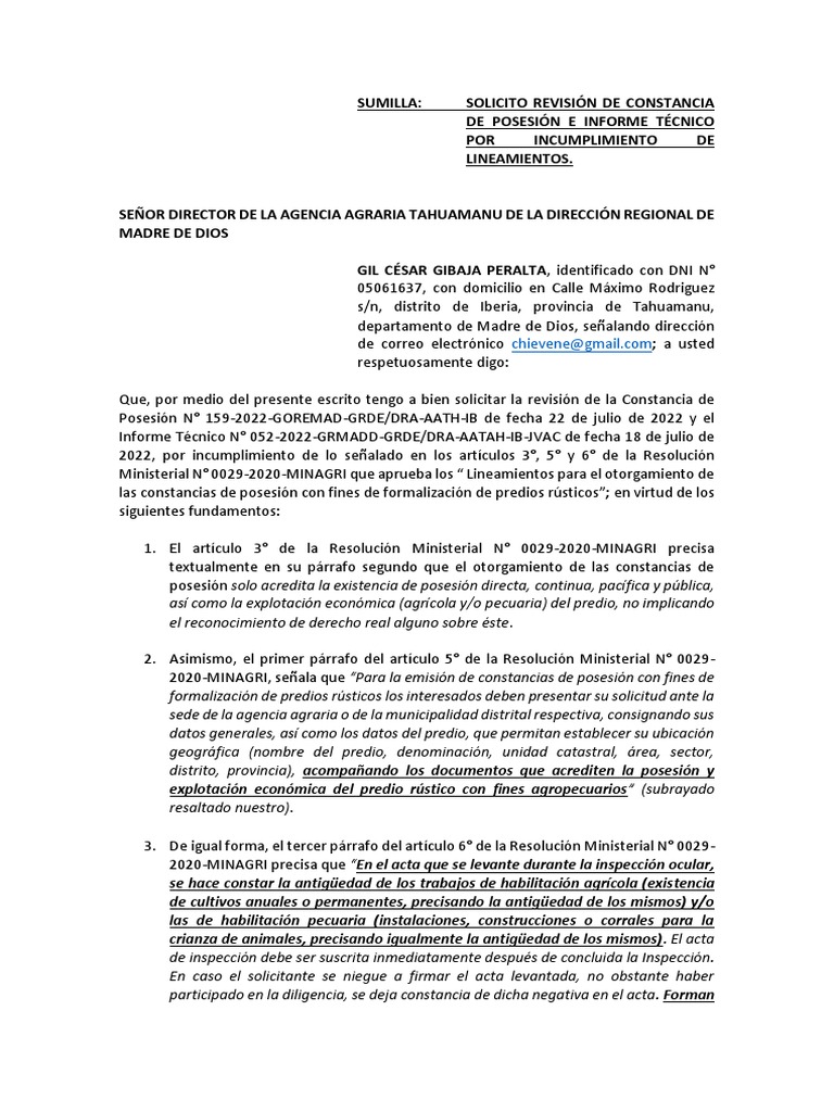 Solicito Revisión de Constancia de Posesion Sapacayo - Gil Gibaja ...