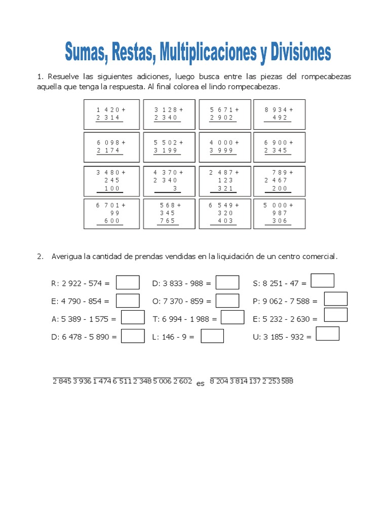 Ficha Sumas Restas Multiplicaciones y Divisiones para Cuarto de ...