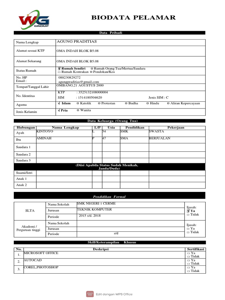 Formulir Biodata Pelamar Agung Praditias | PDF