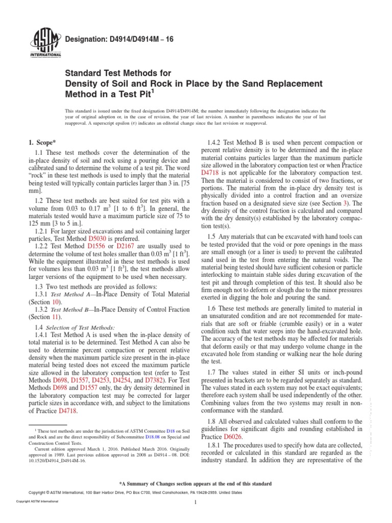 In-Place Density Testing of Soil and Rock | PDF | Density | Sand