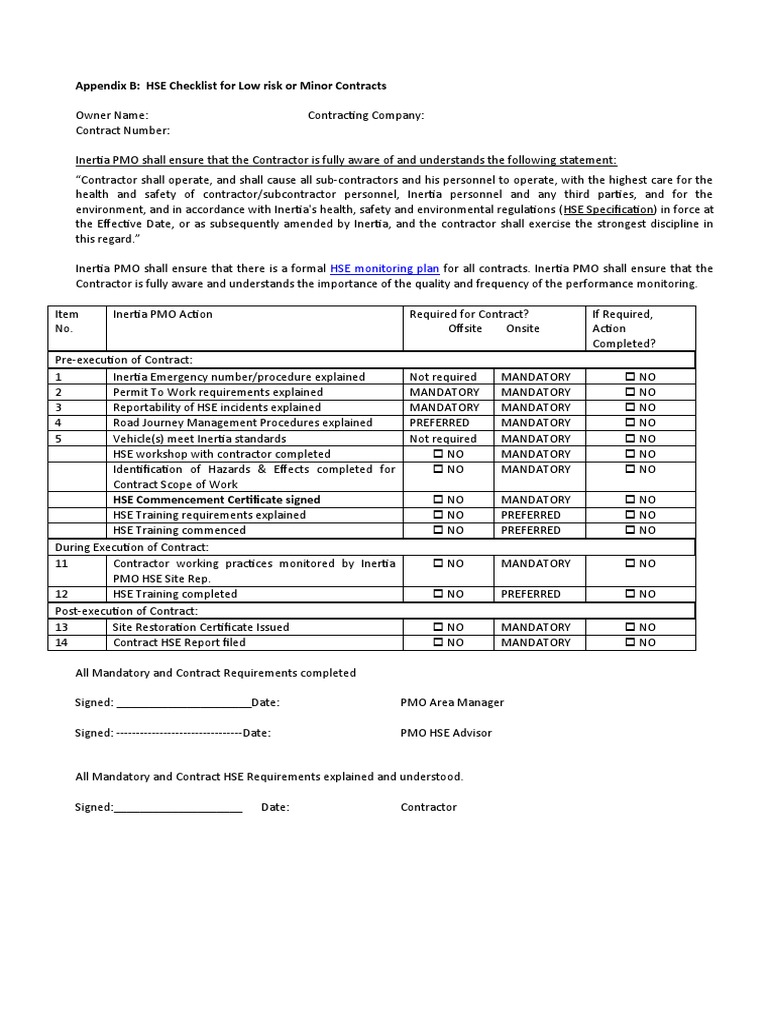Appendix B HSE Checklist for Low Risk or Minor Contracts | PDF ...