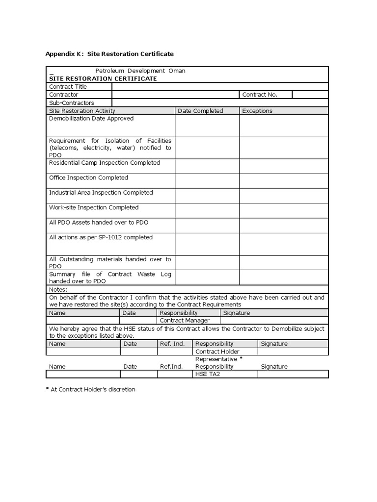 Appendix K-Site Restoration Certificate | PDF