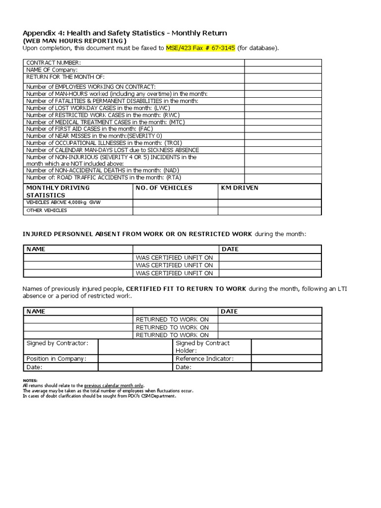 Monthly HSE Statistics Report Template | PDF | Labor | Labor Relations