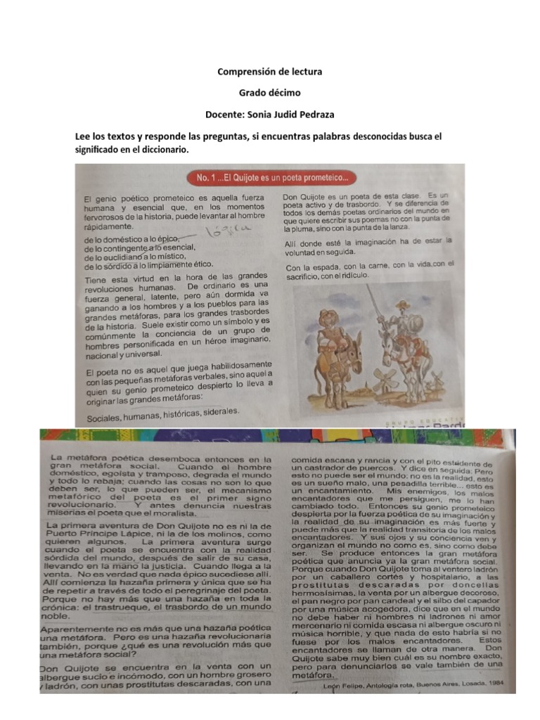 Comprensión de lectura El Quijote | PDF | Don Quijote | Novelas