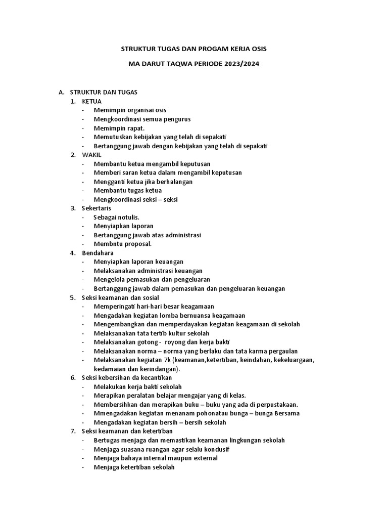 Struktur Tugas Dan Progam Kerja Osis | PDF