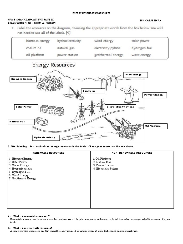 Energy Resources Worksheet | PDF
