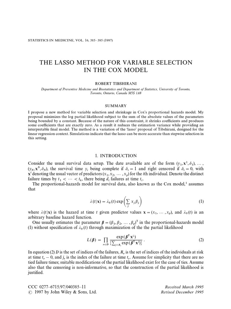 Tibshinari The Lasso Method For Variable Selection in The Cox Model ... Tibshinari The Lasso Method For Variable Selection in The Cox Model ...