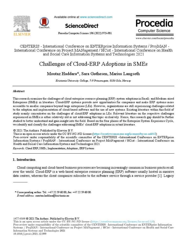 Challenges-of-Cloud-ERP-Adoptions-in-SMEs_2022_Procedia-Computer-Science | PDF | Enterprise ...
