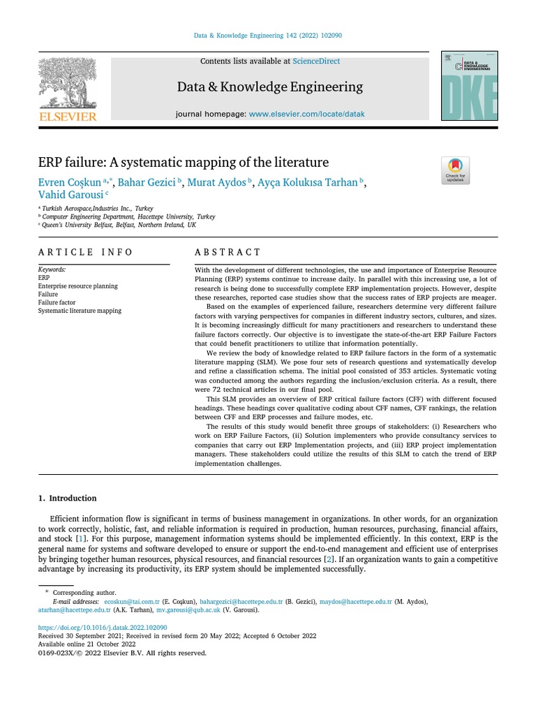 ERP Failure A Systematic Mapping of The Liter - 2022 - Data - Knowledge Enginee | PDF ...