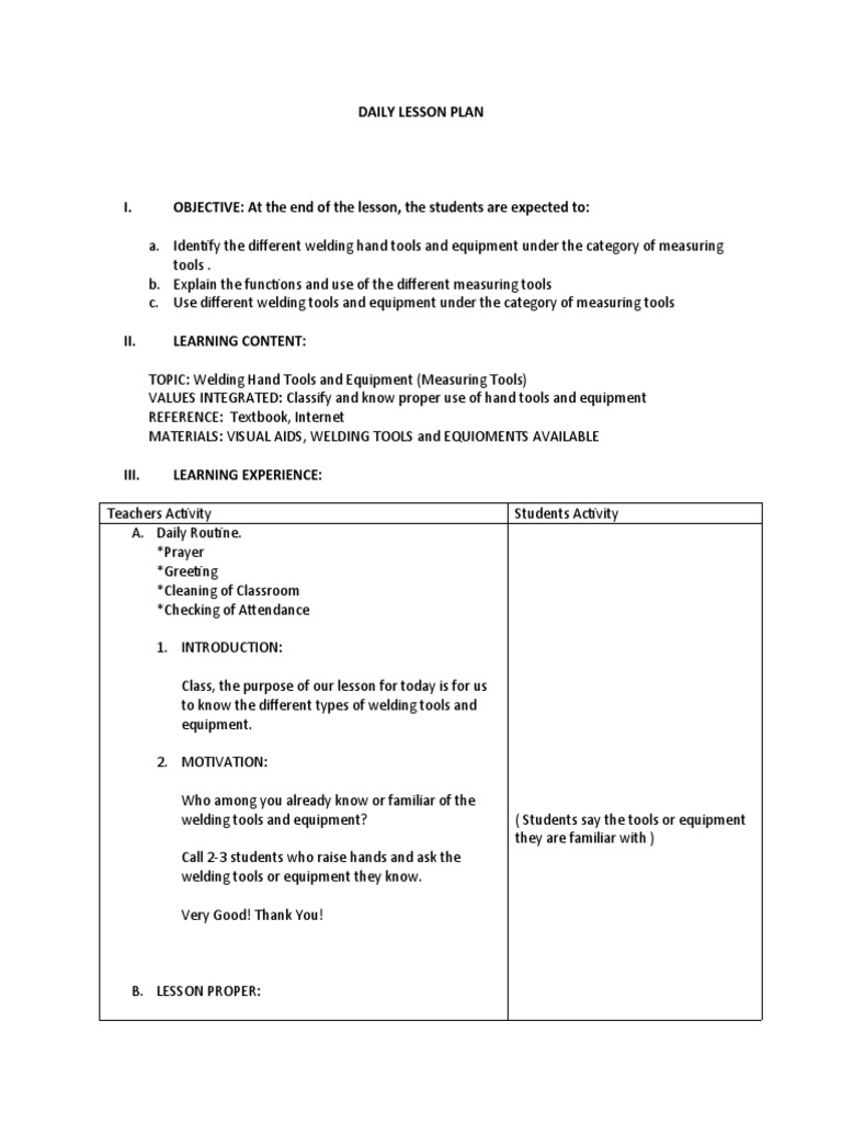 Lesson Plan Welding Tools and Equipment | PDF
