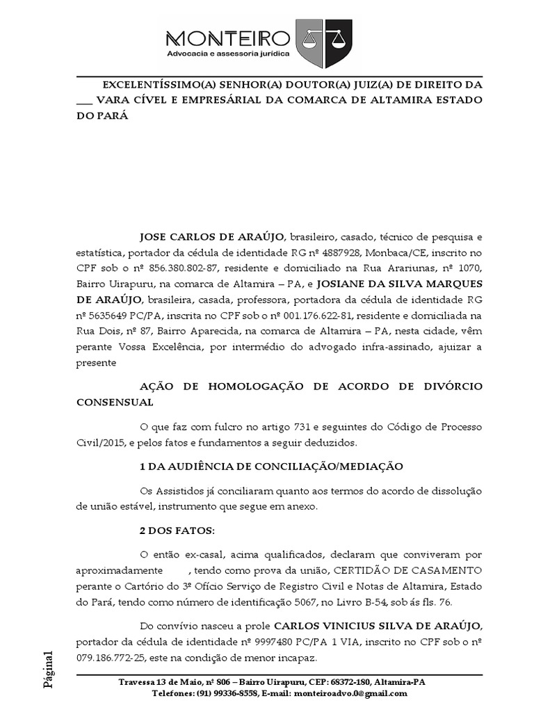 Acordo de Divórcio Consensual | PDF | União estável | Instituições sociais
