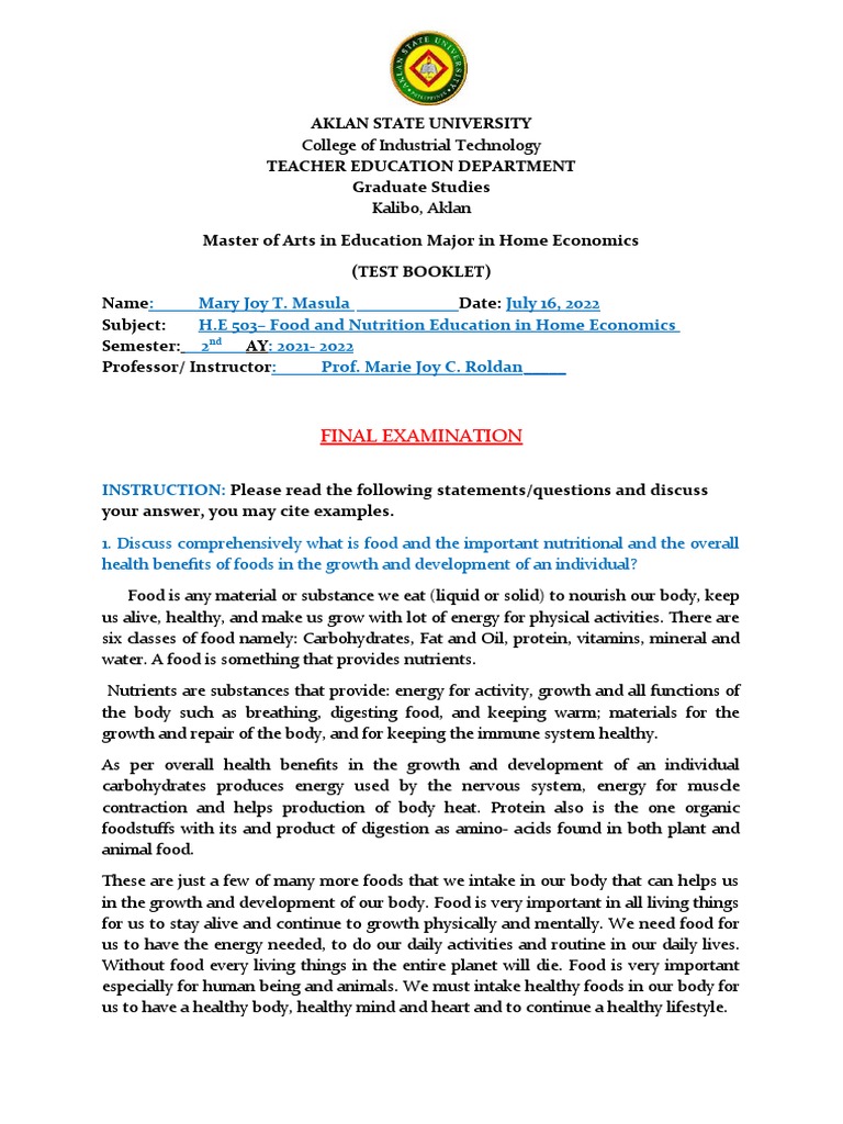 Home Economics Exam Guide | PDF | Malnutrition | Food Energy