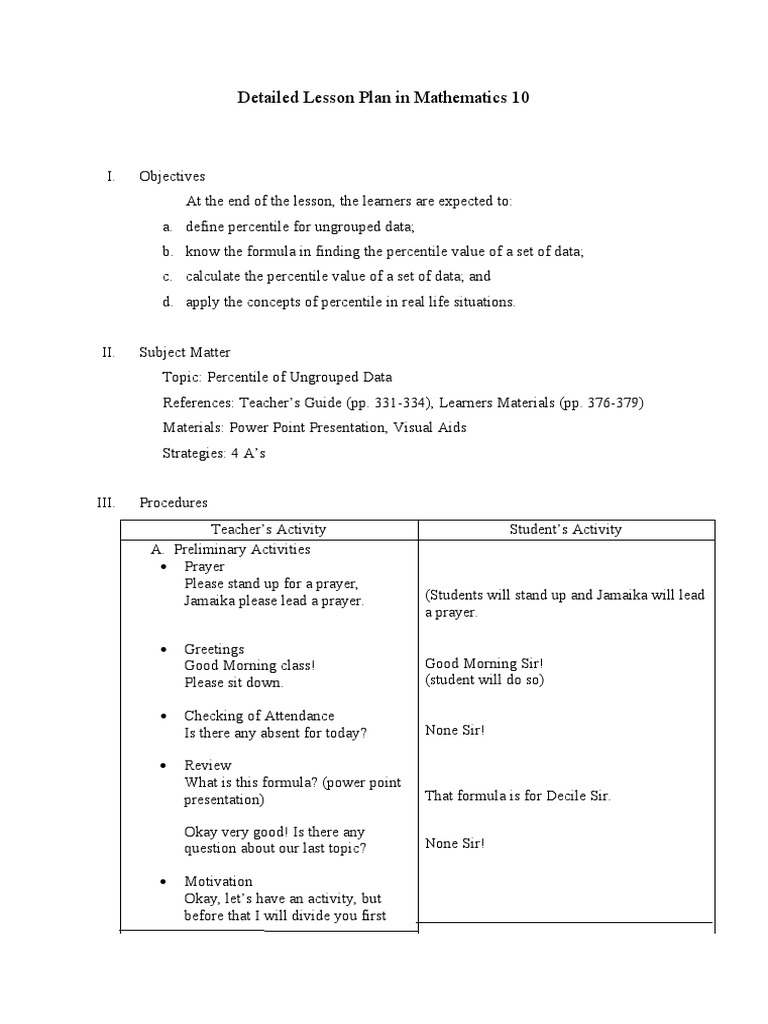 Percentile Lesson Plan for Math 10 | PDF | Lesson Plan | Cognitive Science