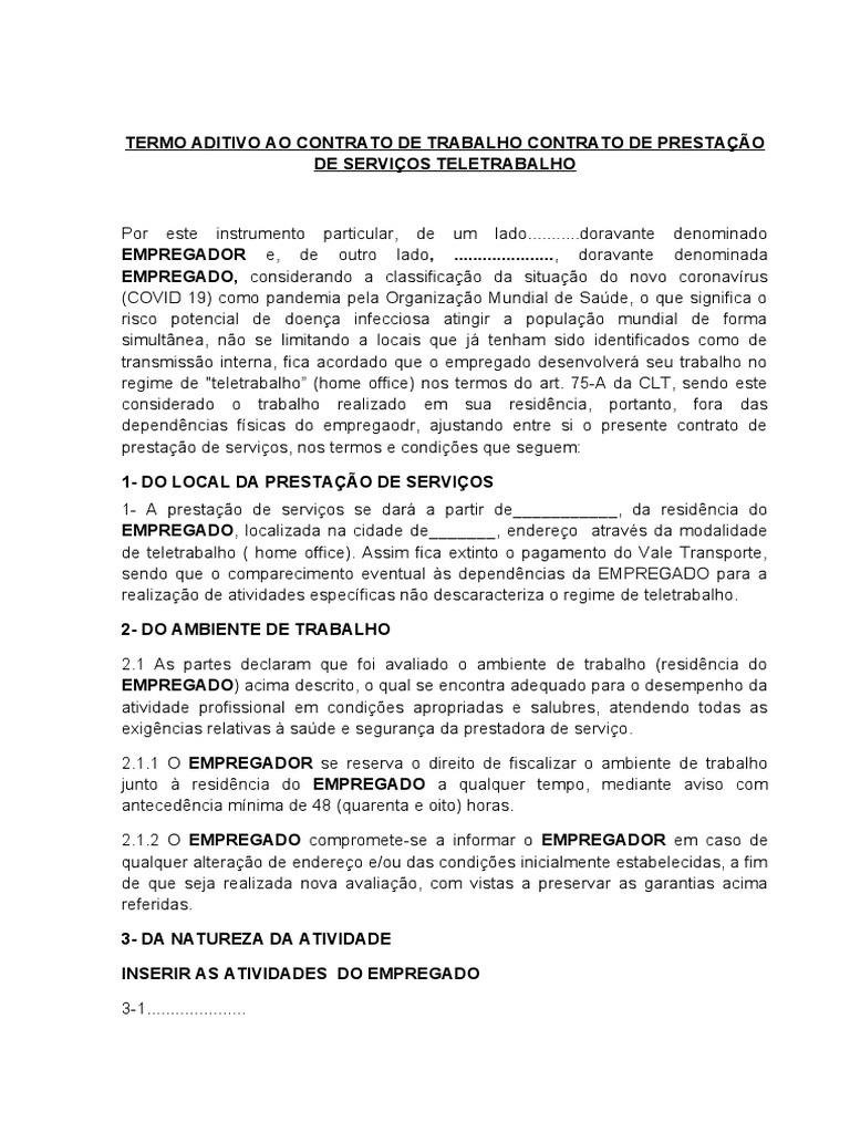 Modelo Termo Aditivo Ao Contrato de Trabalho Home Office | PDF