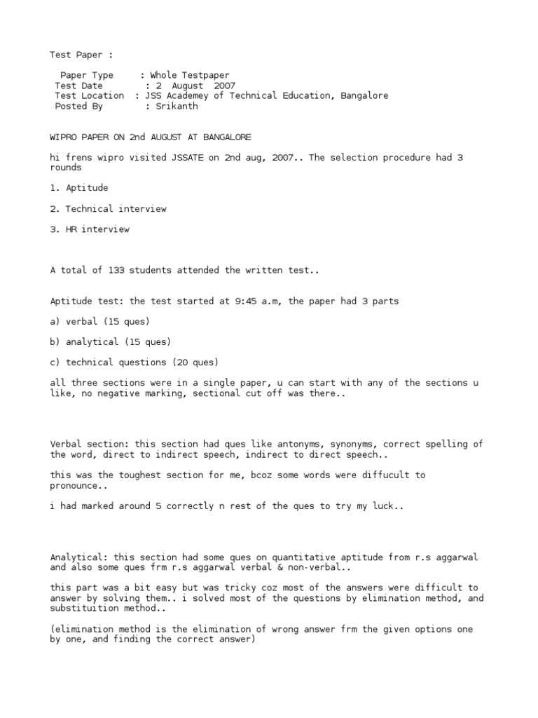 Wipro Test Paper6 | PDF | Question | Test (Assessment)