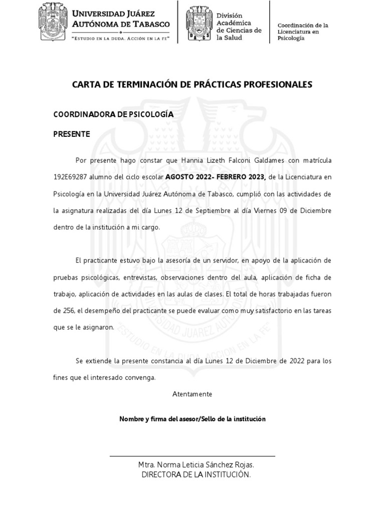 Carta de Terminación de Prácticas Profesionales | PDF Carta de Terminación de Prácticas Profesionales | PDF