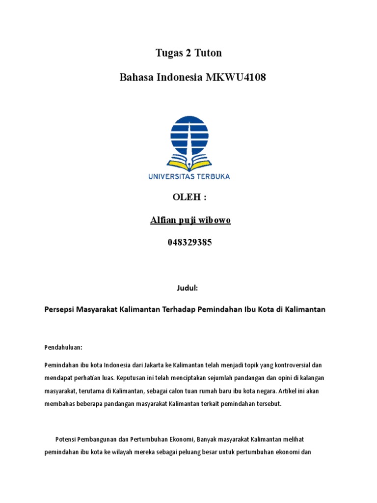 Tugas 2 Tuton Bahasa Indonesia MKWU4108 | PDF