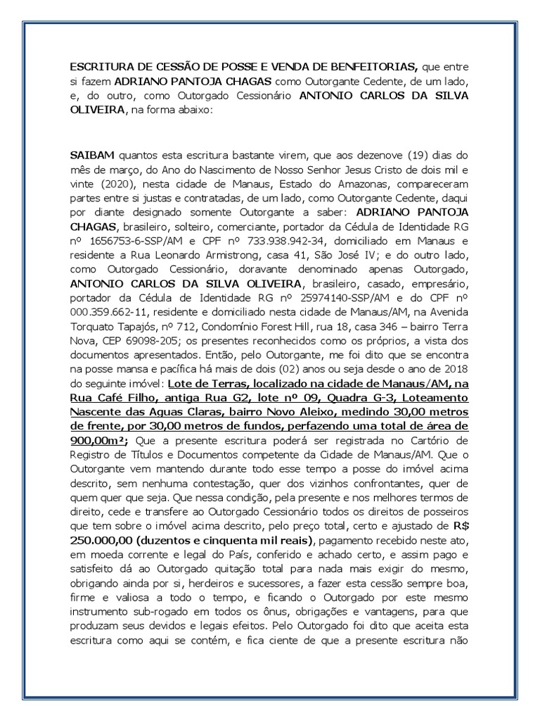 Cópia De Escritura De Cessão De Posse E Venda De Benfeitorias Pdf