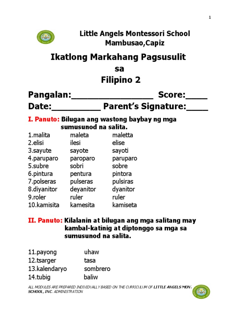 Grade 2-Filipino 3rd-Q-Exam | PDF