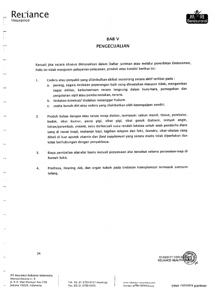 Pengecualian Polis Asuransi Reliance | PDF