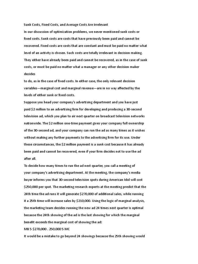 Sunk Costs Pdf Marginal Cost Marketing