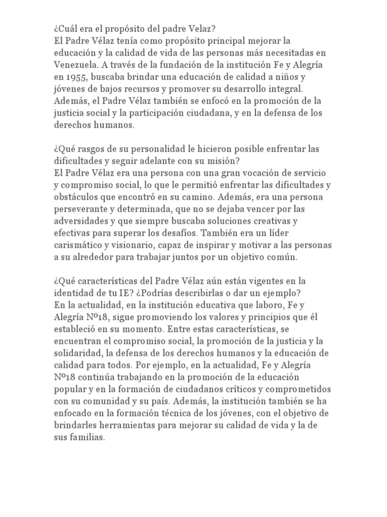 Cuál Era El Propósito Del Padre Velaz | PDF
