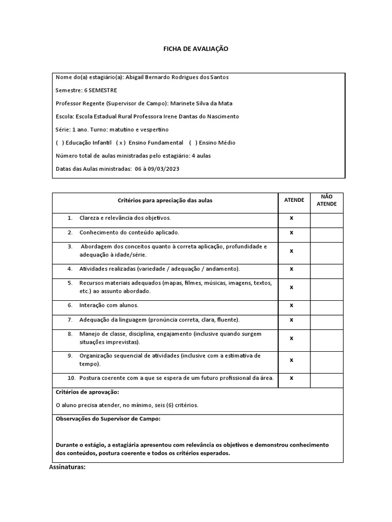 Documento Fichas de Estágio Pedagogia | PDF