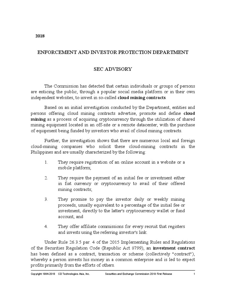 SEC Advisory Re Mining | PDF | Cryptocurrency | U.S. Securities And ...