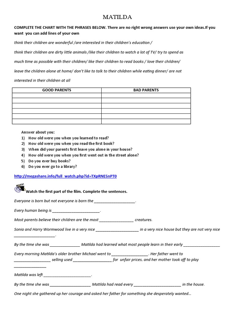 MATILDA Comprehension Activities | PDF | Language Arts & Discipline ...