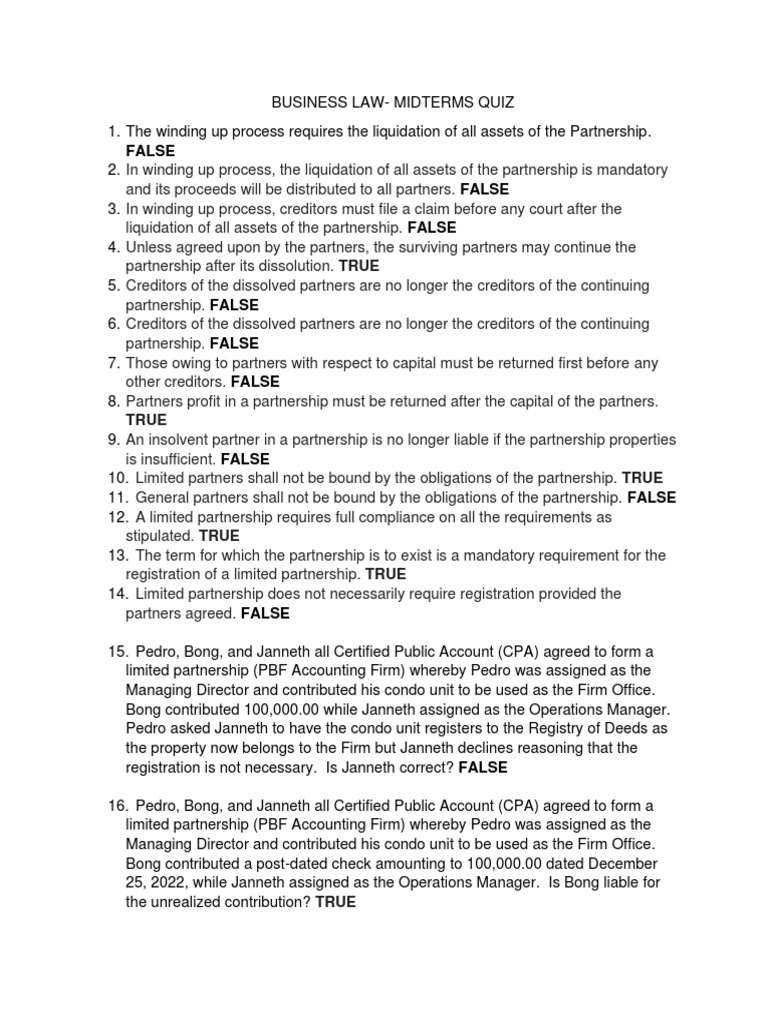 Midterms-Business Law Quiz | PDF | Liquidation | Partnership