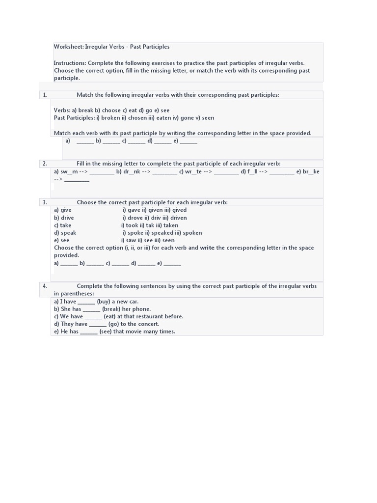 Worksheet Irregular Past Participles | PDF