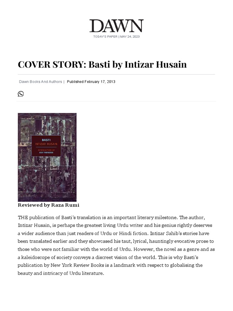 COVER STORY - Basti by Intizar Husain - Newspaper | PDF | Poetry | Classics