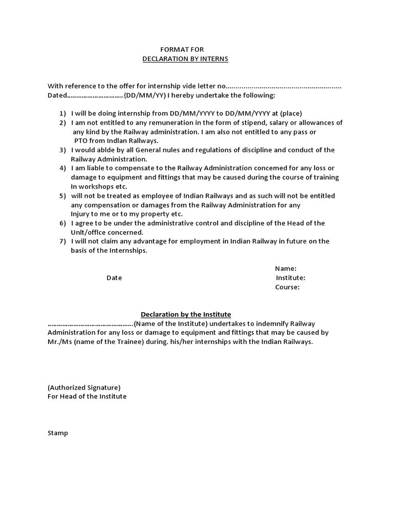 Internship Declaration Format for Railways | PDF | Computers ...