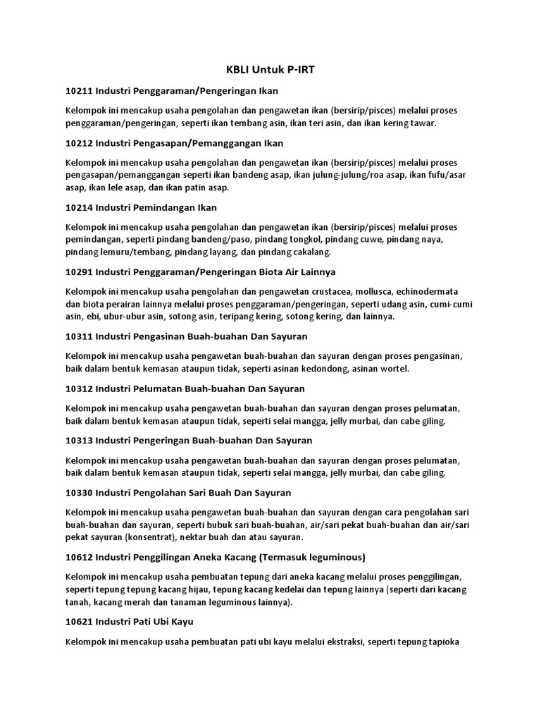 Kode KBLI untuk P-IRT Makanan Olahan | PDF