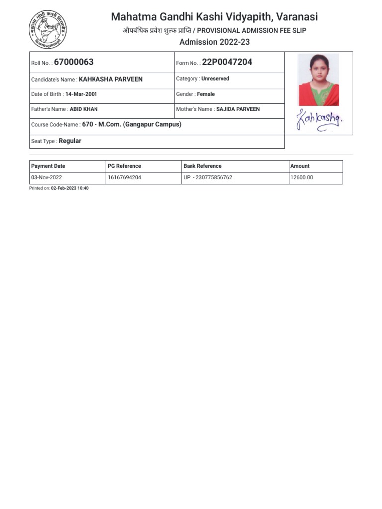 M.Com Admission Fee Slip 2022-23 | PDF