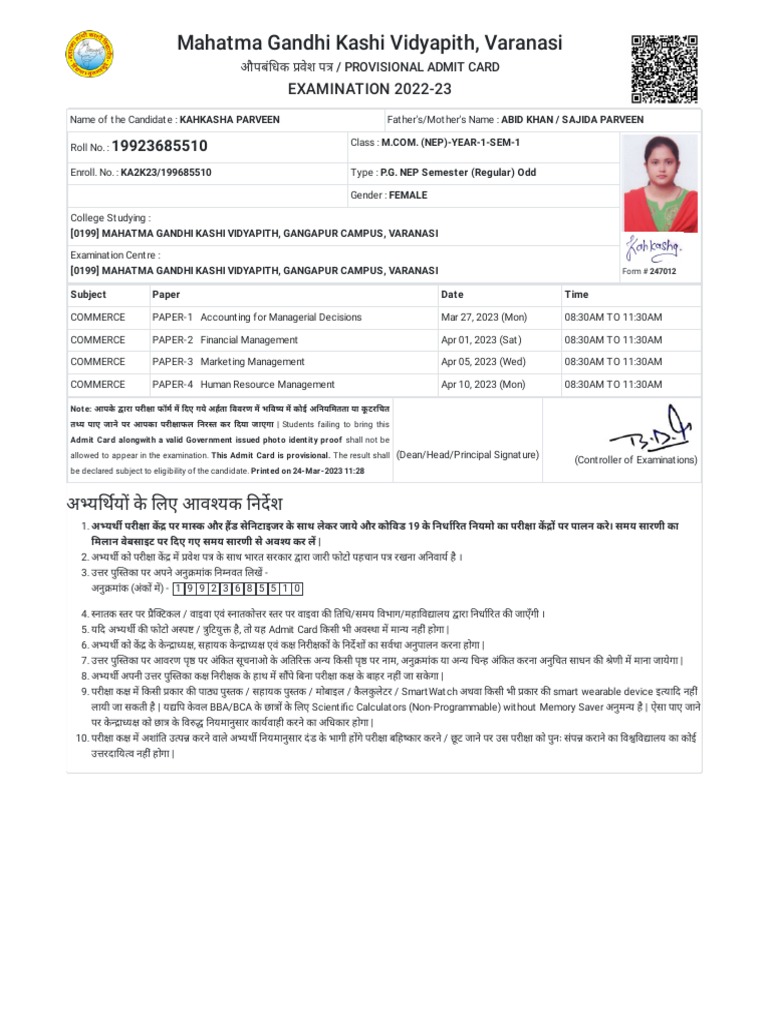 Admit Card - (Examinations 2022-23) Mahatma Gandhi Kashi Vidyapith, Varanasi | PDF