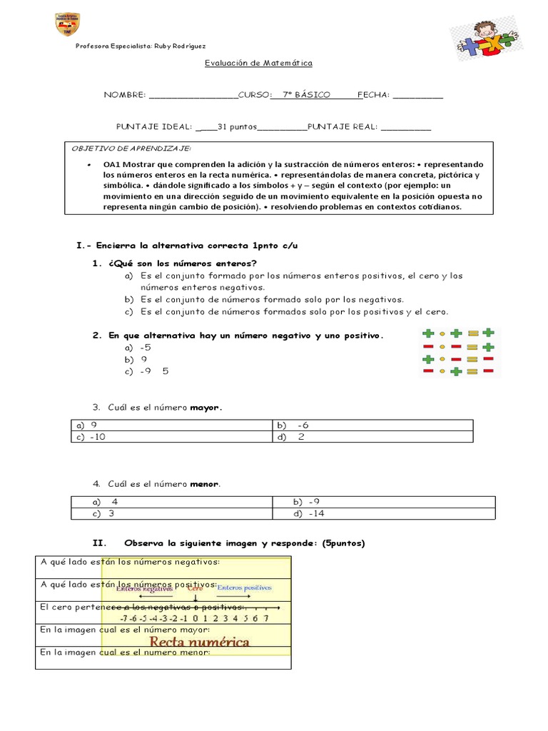 SEPTIMO BASICO Matematica | PDF | Entero | Conjunto (Matemáticas)