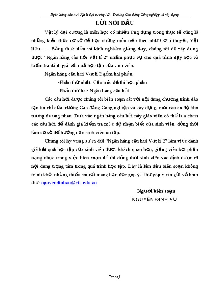 Ngân Hàng Câu Hỏi Vật Lí Đại Cương A2 - 170490 | PDF