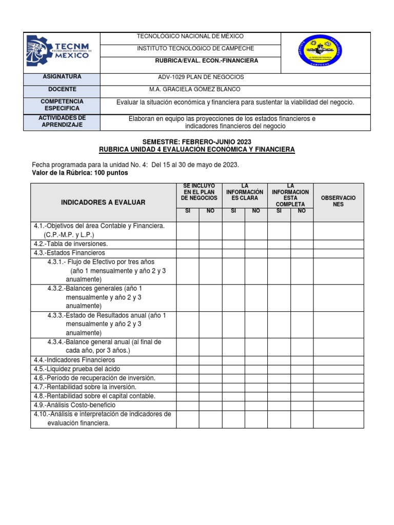 Rubrica-Eval. Econ y Financ | PDF