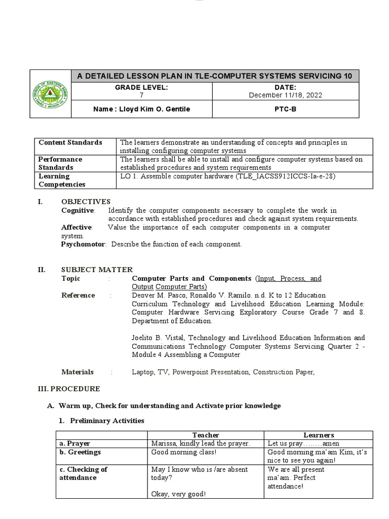 A Detailed Lesson Plan in Tle - Ma'Am Jo Venancio | PDF | Input/Output | Automated Teller Machine