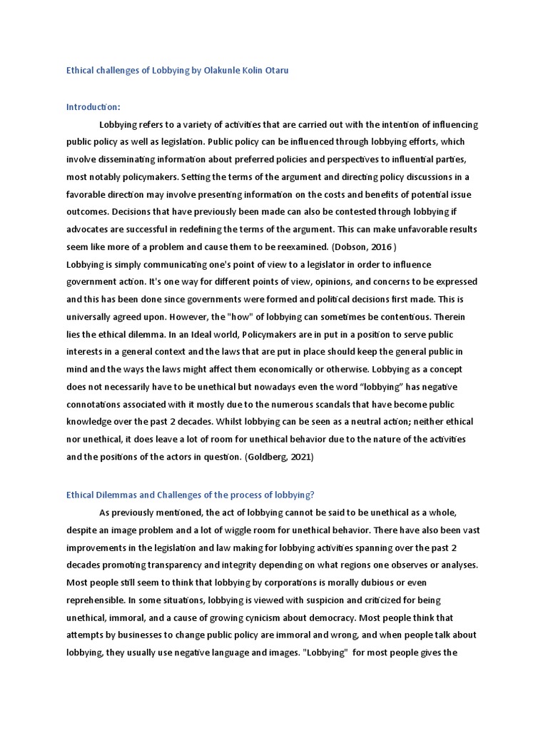 Ethical Challenges of Lobbying by Olakunle Kolin Otaru | PDF | Policy ...