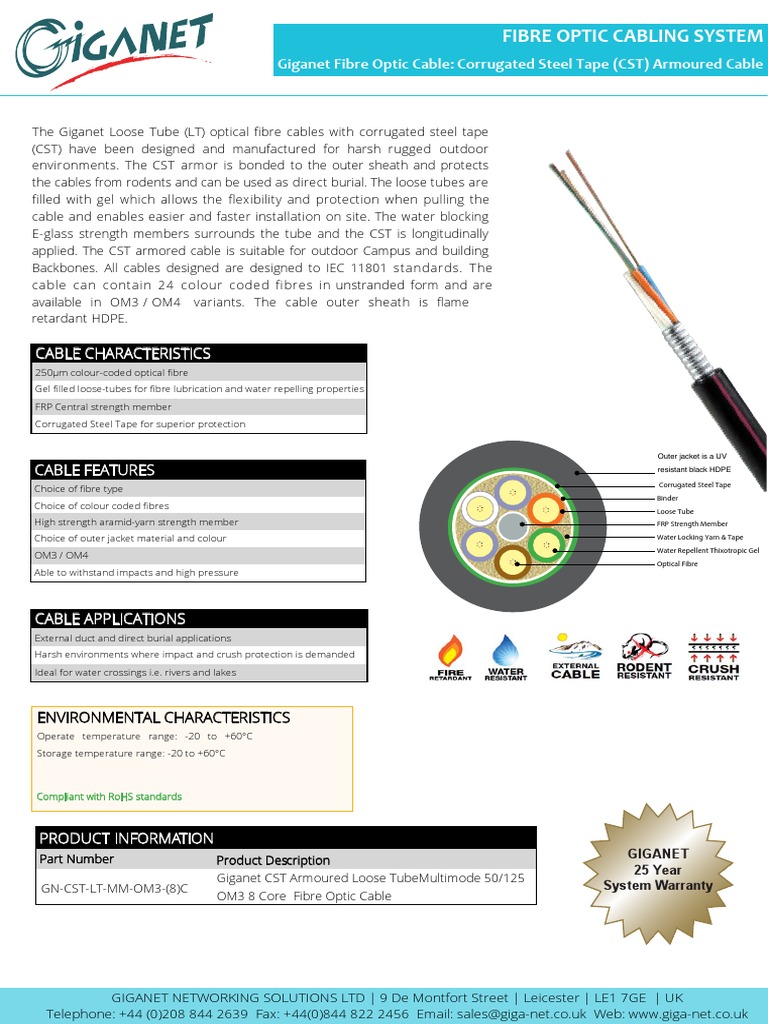 Giganet CST Armoured Fibre Optic Cable | PDF | Telecommunications | Optics