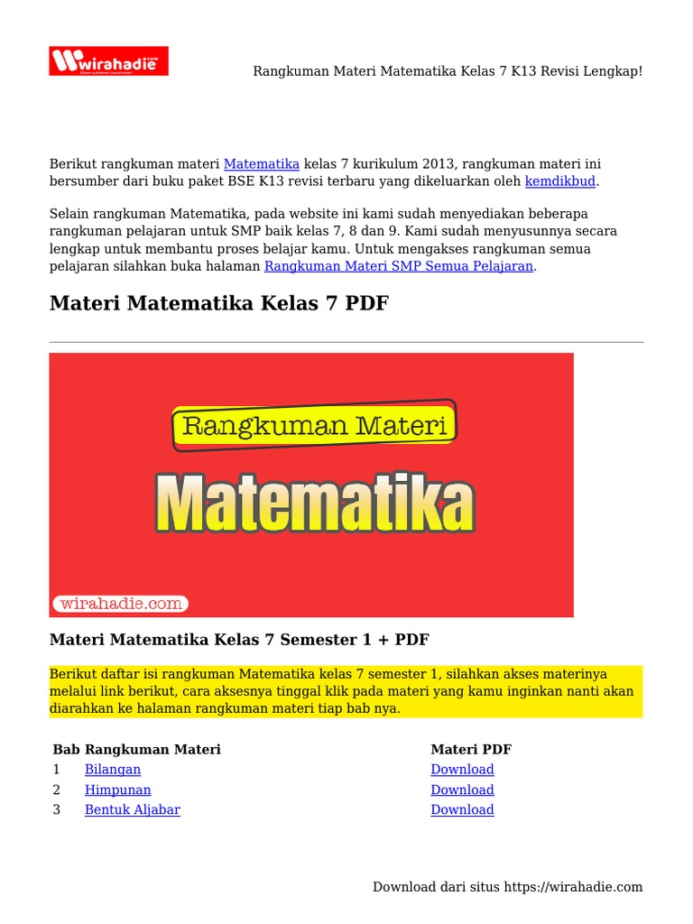 Rangkuman Materi Matematika Kelas 7 K13 Revisi Lengkap! | PDF | Karier & Perkembangan ...